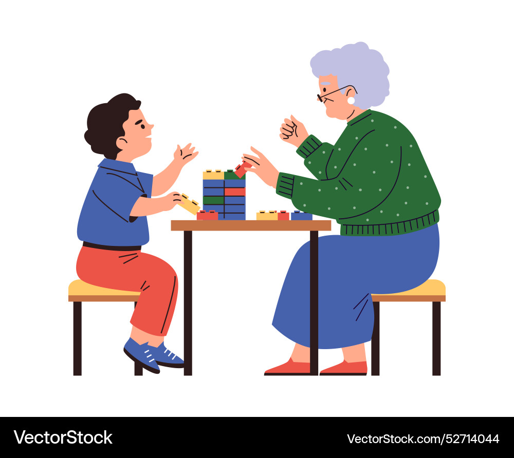 Boy and grandma assembling lego set Royalty Free Vector