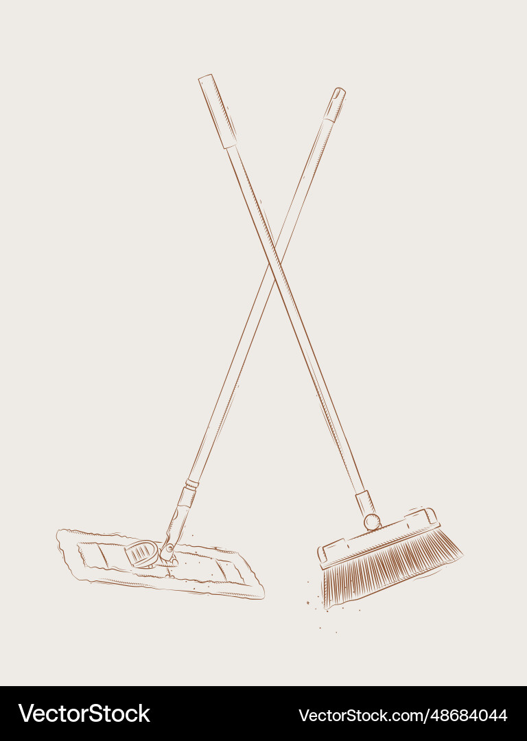 Flat mop and broom drawing in graphic style Vector Image