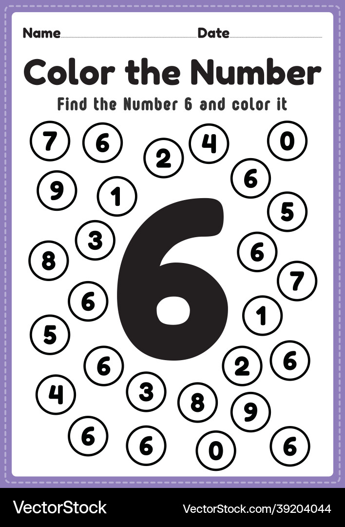 Maths worksheet for nursery number 6 coloring Vector Image
