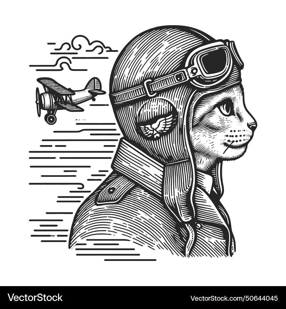 Cat in pilot gear vintage sketch Royalty Free Vector Image