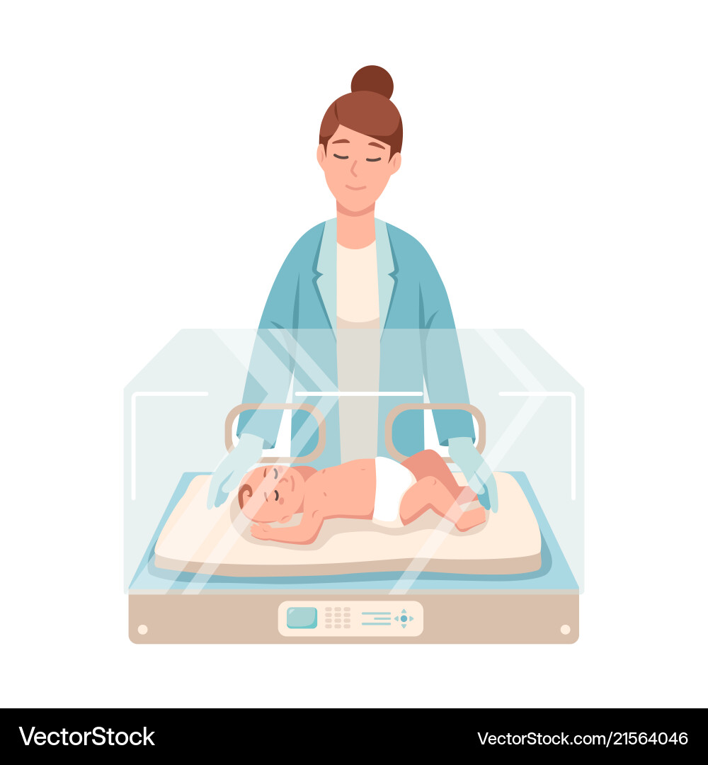 Premature newborn infant lies inside neonatal Vector Image