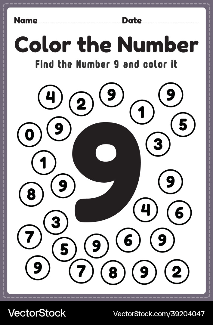 Number worksheets for preschool 9 coloring Vector Image