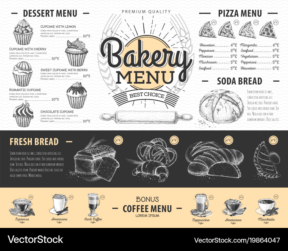 Vintage bakery menu design restaurant Royalty Free Vector