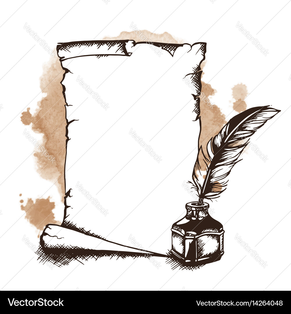 Hand-drawn paper scroll feather and inkwell Vector Image