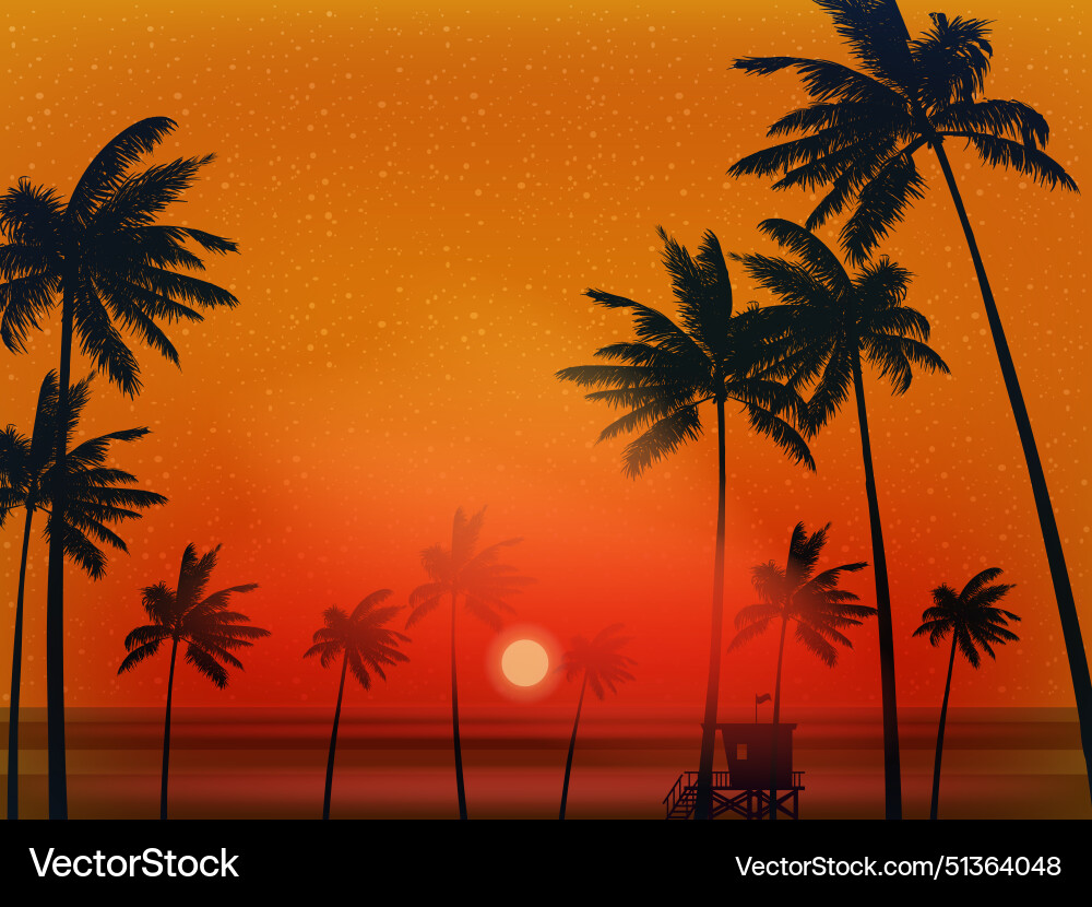 Sunset ocean view palms seashore horizon banner Vector Image