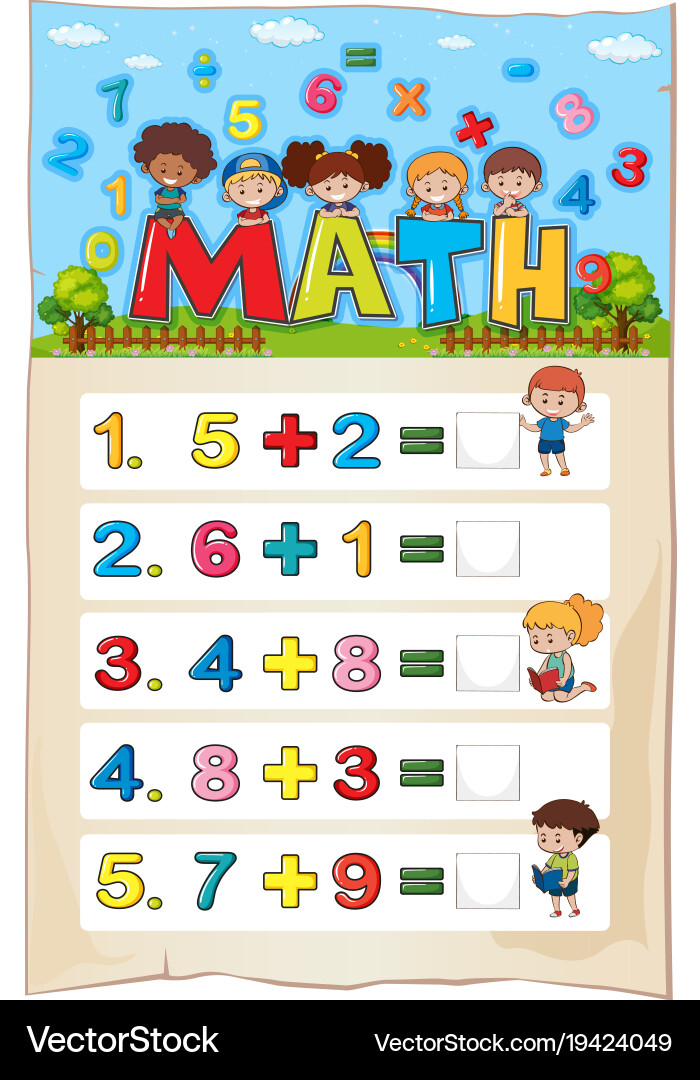 Addition worksheet template for young children Vector Image