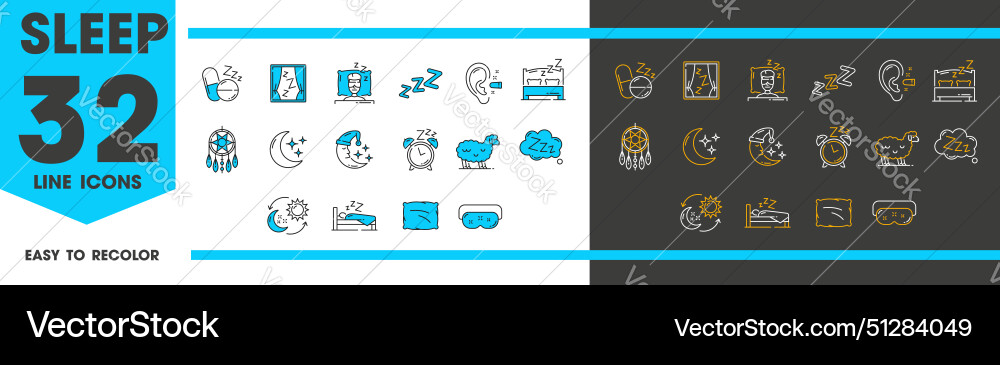 Sleep dream nap line icons bed pillow clock Vector Image