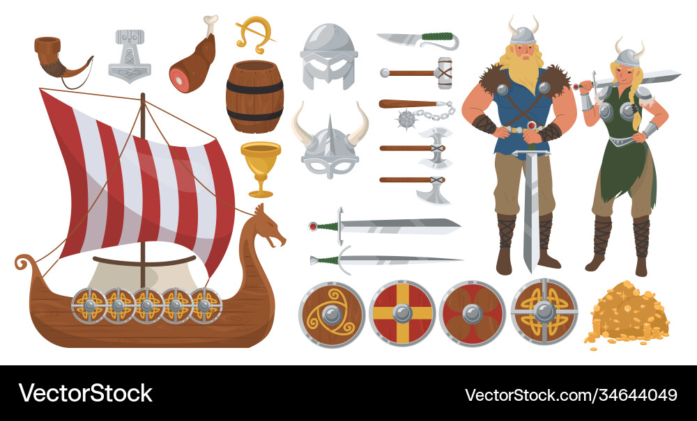 Viking set flat isolated Royalty Free Vector Image