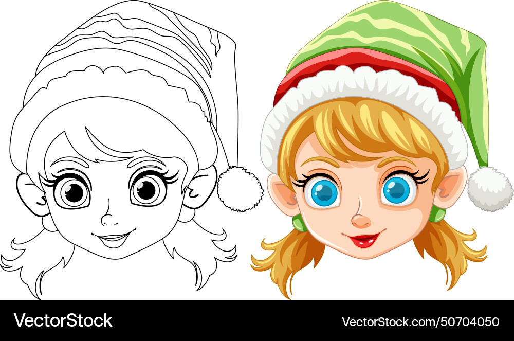 Colorful and outlined elf girl with christmas hat Vector Image