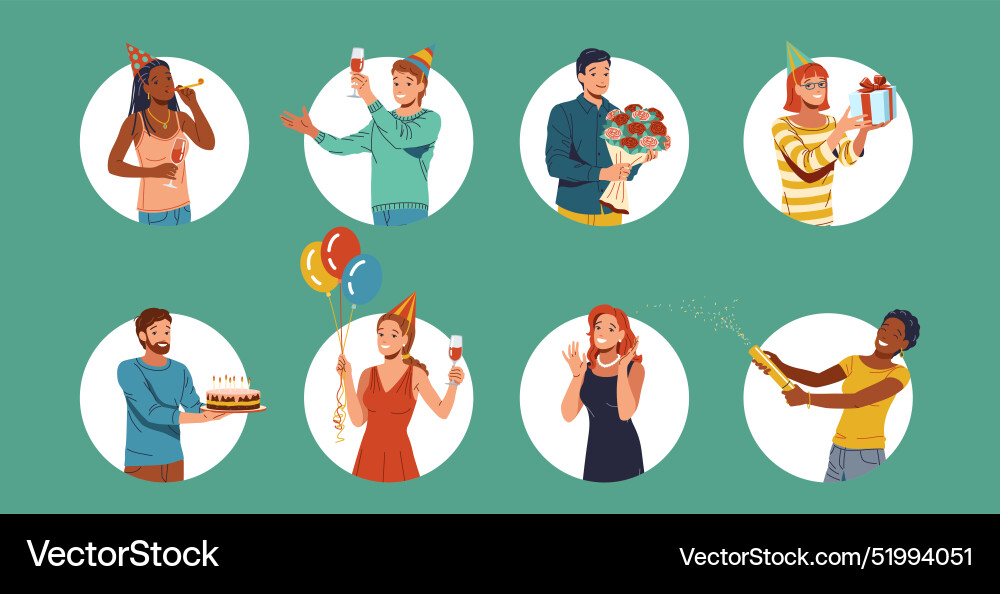 Birthday celebration party guests avatars set Vector Image