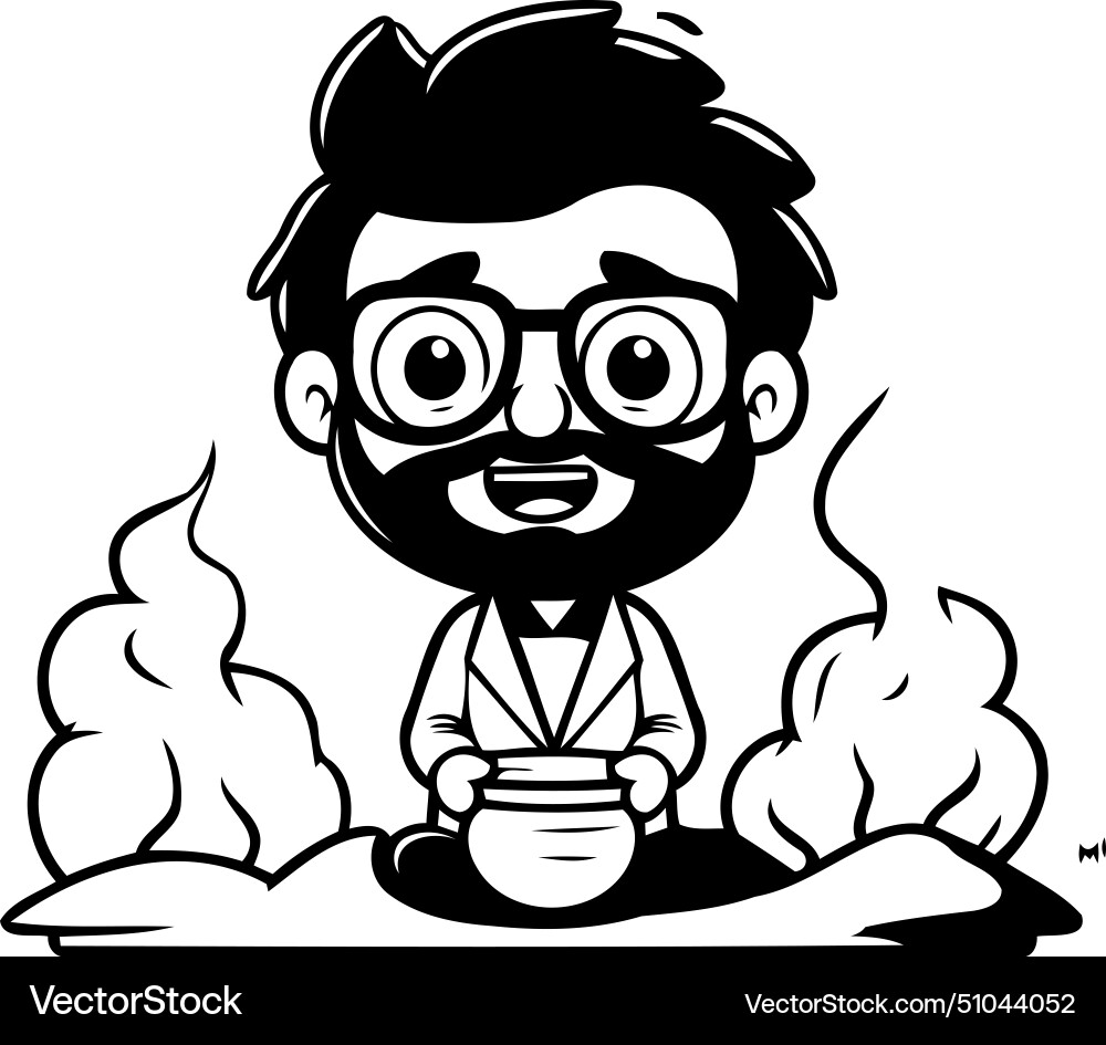 Scientist with pot on fire in cartoon style Vector Image