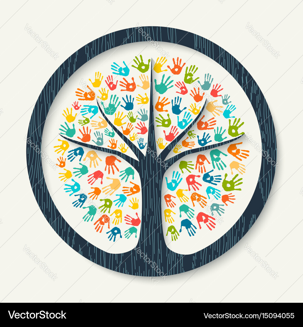 Hand print tree of diverse community team help Vector Image