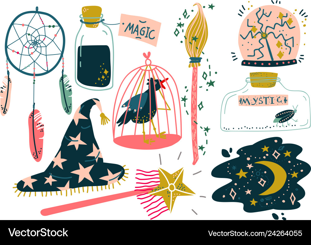 Magic objects set witchcraft attributes Royalty Free Vector