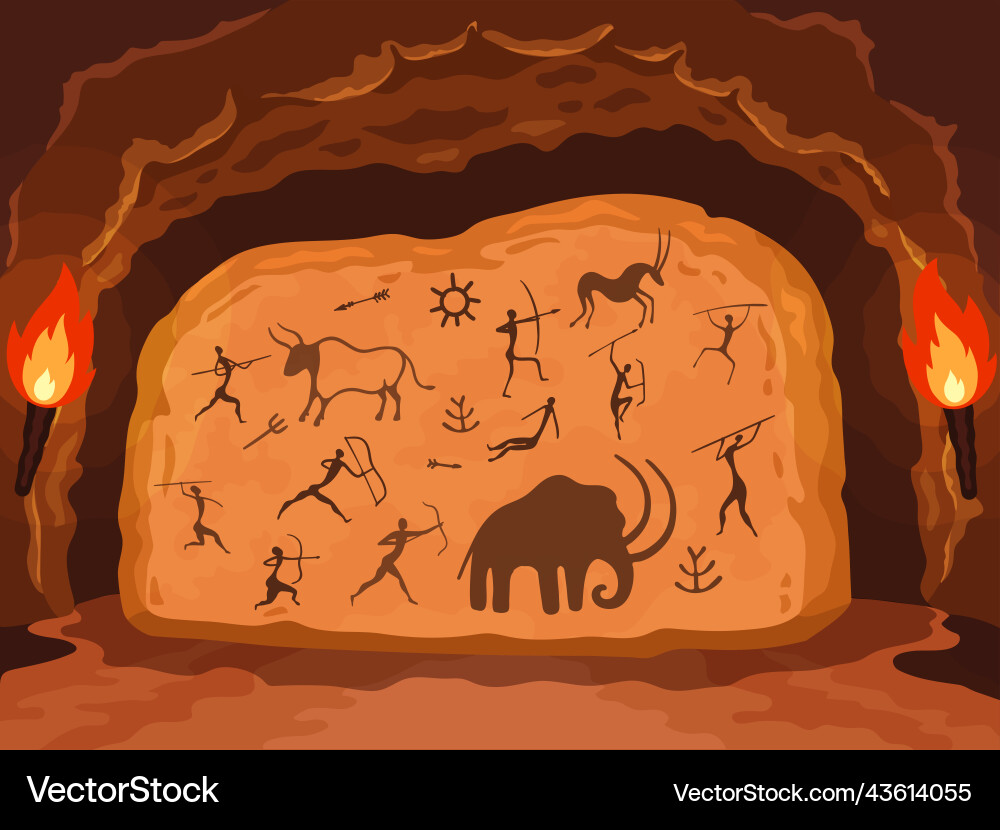 Prehistoric painting primitive drawing on stone Vector Image