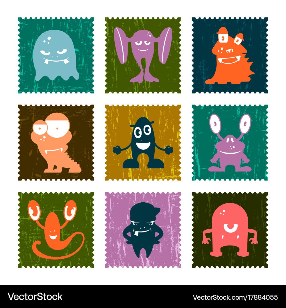 Set of retro postage stamp funny monsters Vector Image