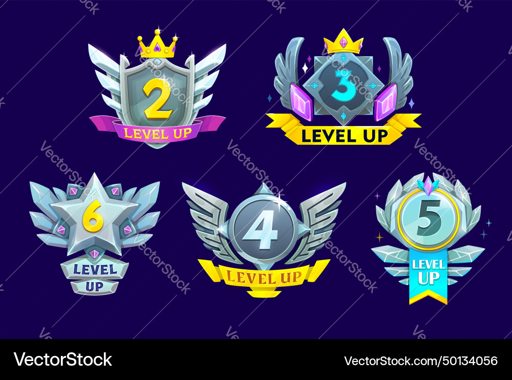 Game interface level up badges with wings crystal Vector Image