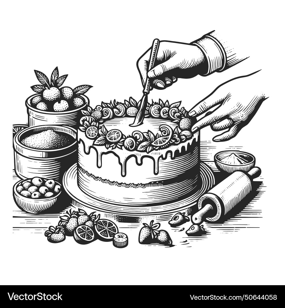 Baking cake icing line art Royalty Free Vector Image