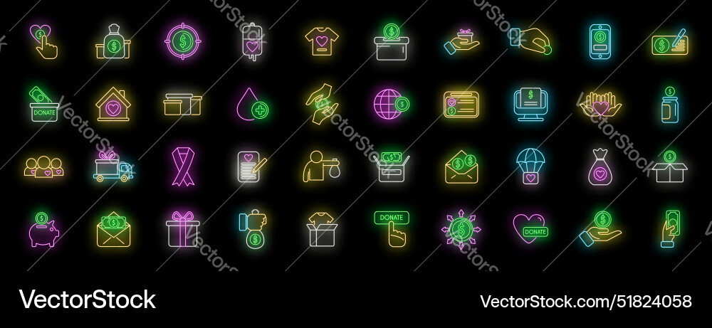 Fundraising icons set neon Royalty Free Vector Image