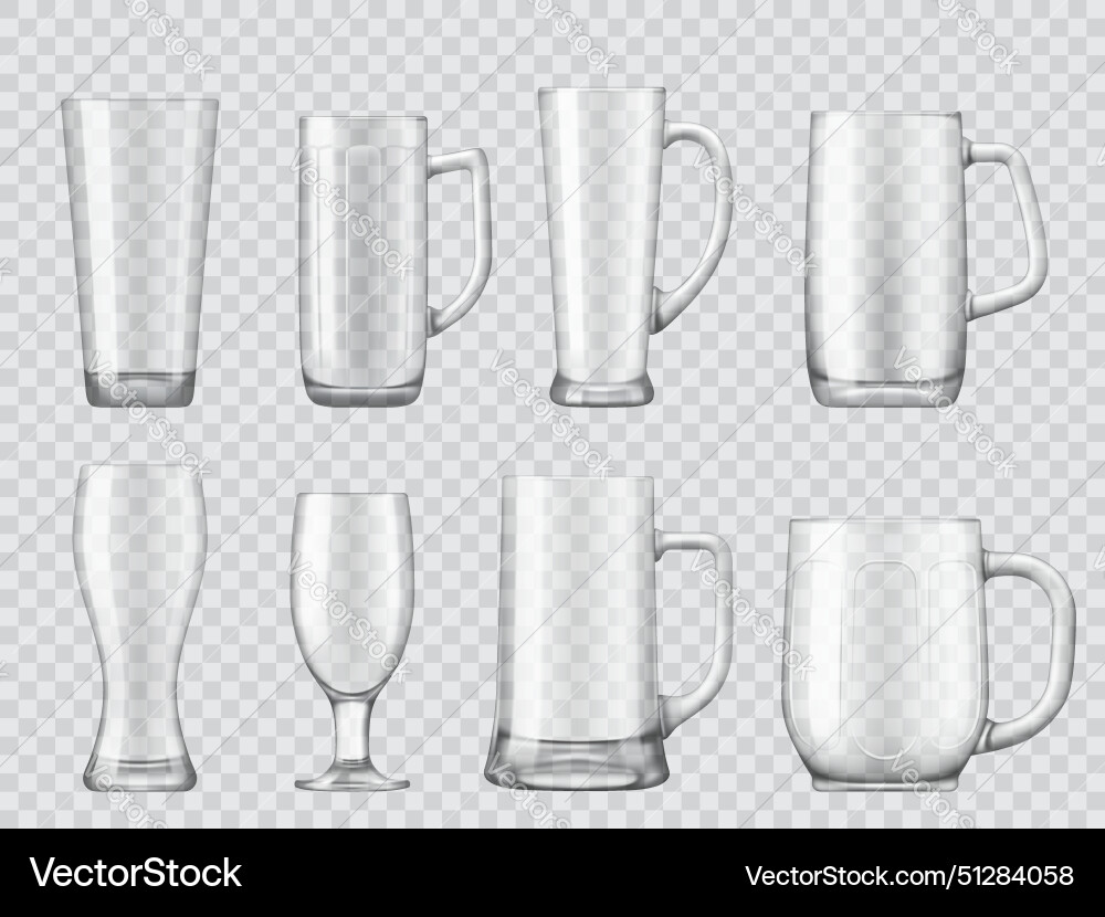 Realistic empty transparent beer glass and tankard