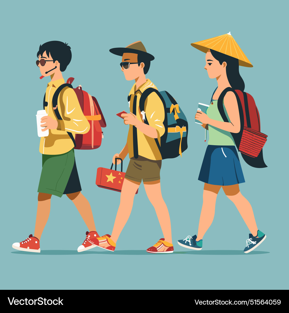 Three young asian backpackers traveling together Vector Image