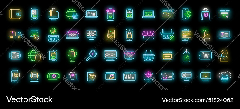 Online store icons set neon Royalty Free Vector Image