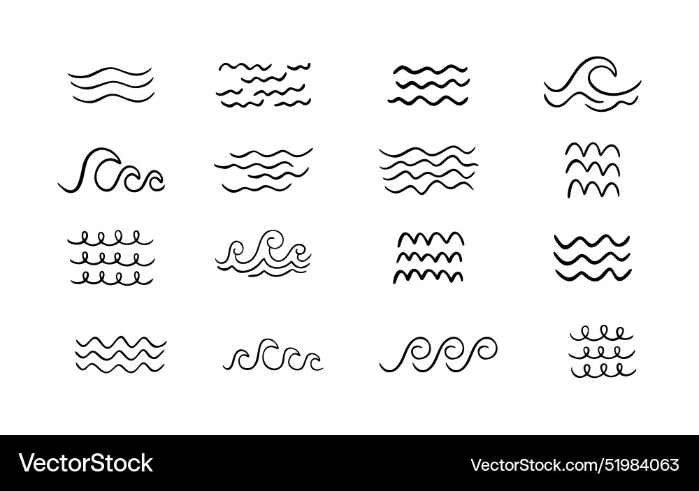 Doodle sea wave icons hand drawn storm Royalty Free Vector