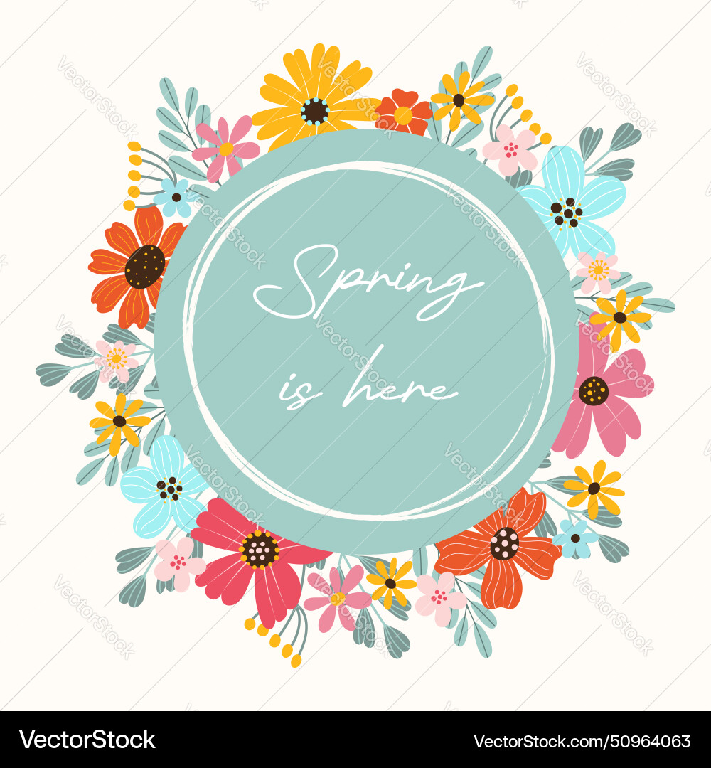 Floral green frame with text spring is here big Vector Image