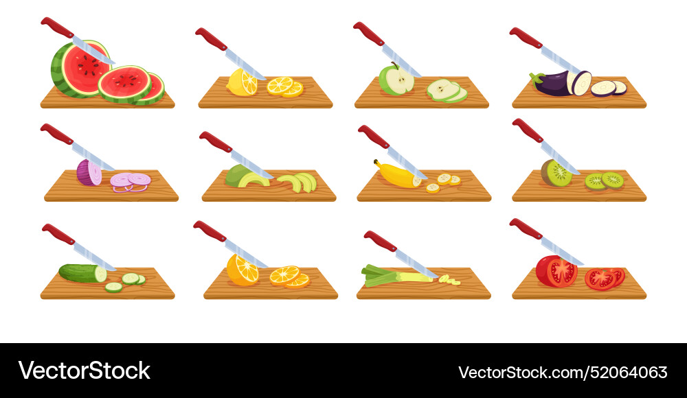 Kitchen knife cuts vegetables and fruits cutting Vector Image