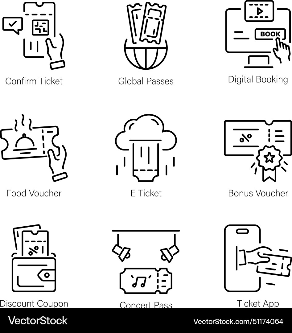 Bundle of linear icons depicting ticket booking Vector Image