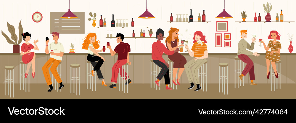 Diverse people drink alcohol in bar Royalty Free Vector