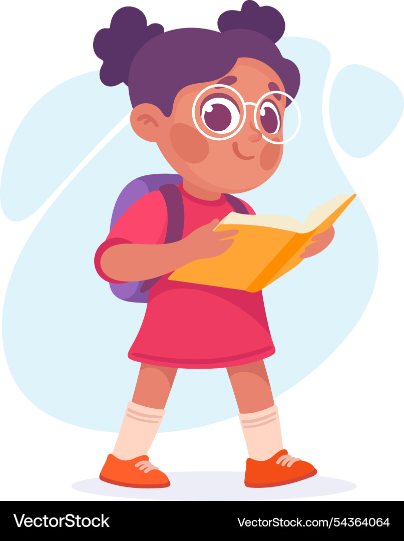 Pretty girl reading book walking with backpack Vector Image