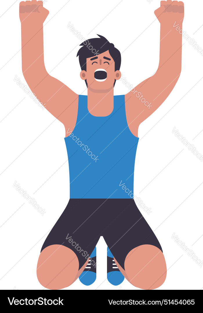 Happy winning athlete in blue kneeling Royalty Free Vector