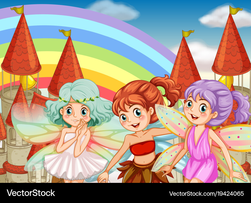 Three fairies and rainbow background Royalty Free Vector