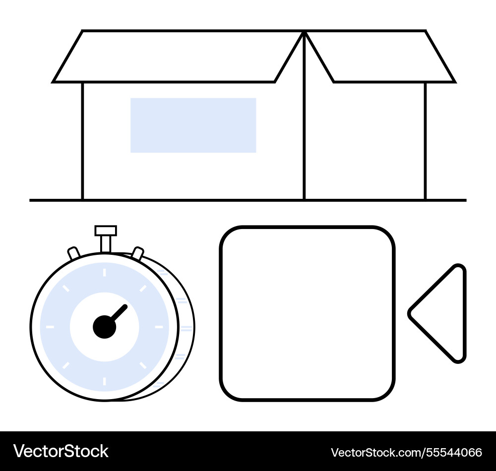 Open cardboard box stopwatch play button Vector Image