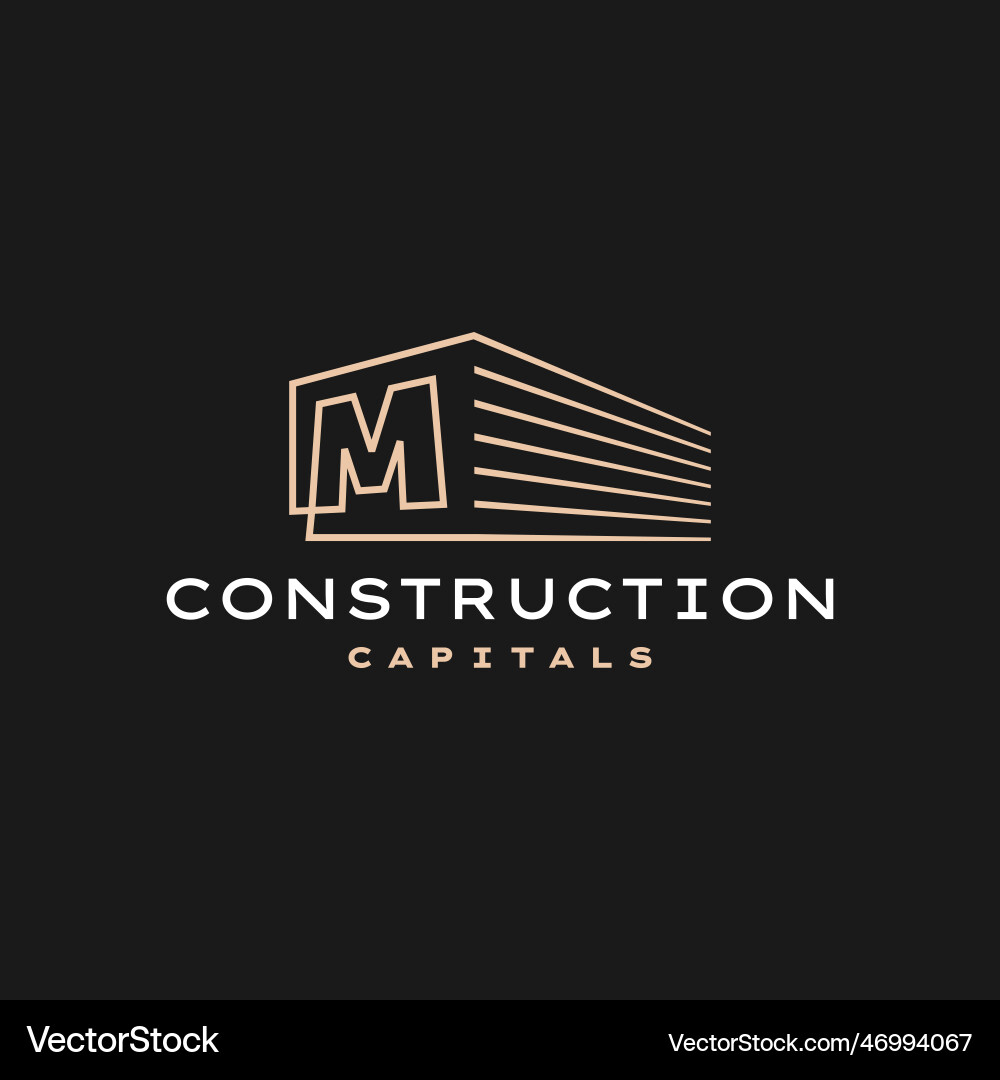 M letter construction 3d perspective gold outline Vector Image