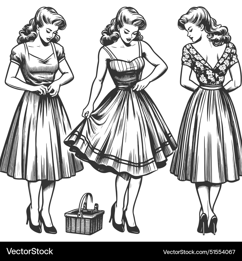 Vintage Women In 1950s Dresses Engraving Vector Image