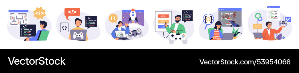 Video game developer concept set with characters Vector Image