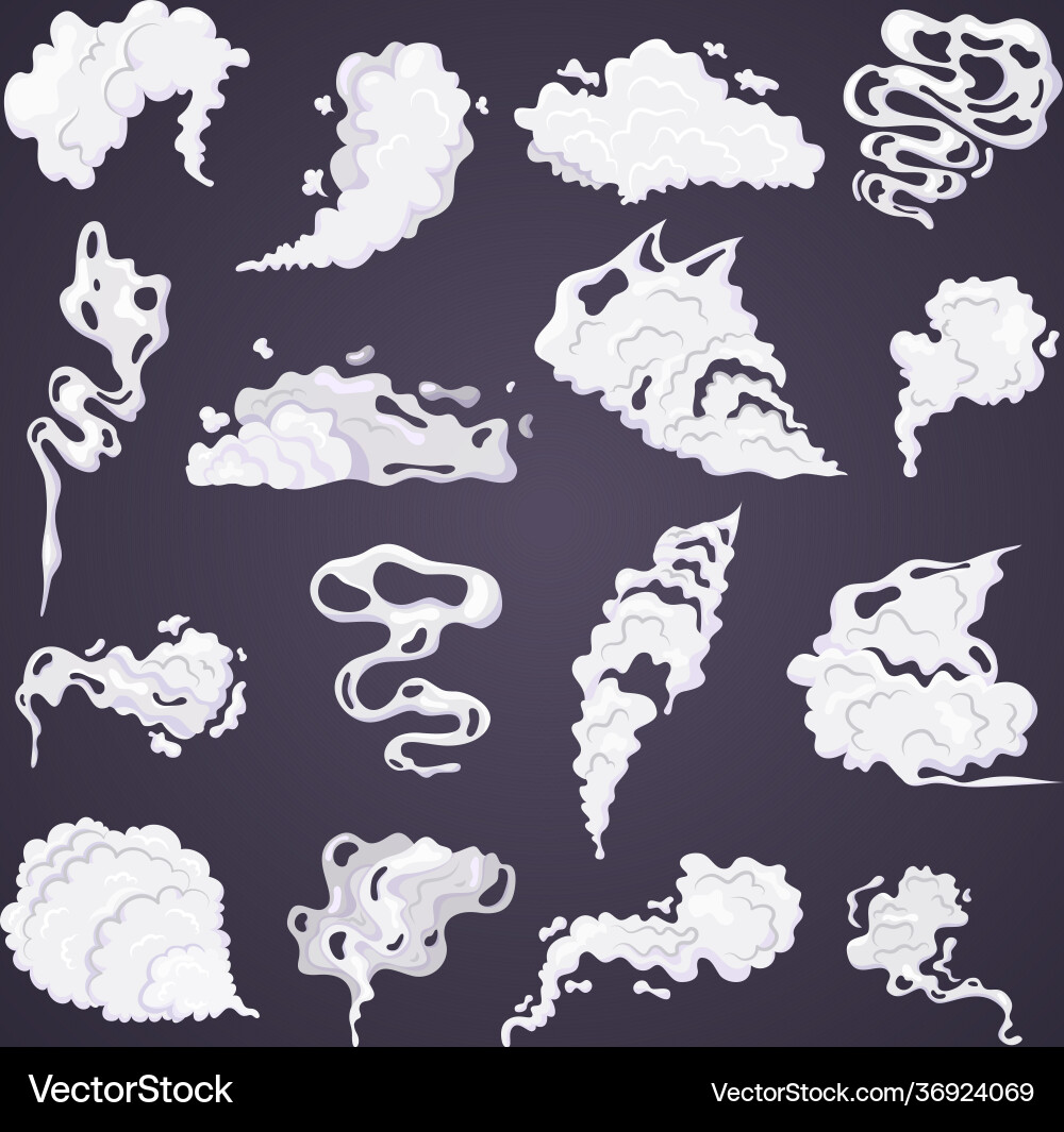 Comic smoke cloud set smoking cartoon steam clouds