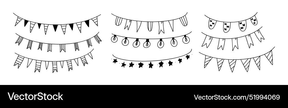 Hand-crafted doodle flags on rope and stick set Vector Image