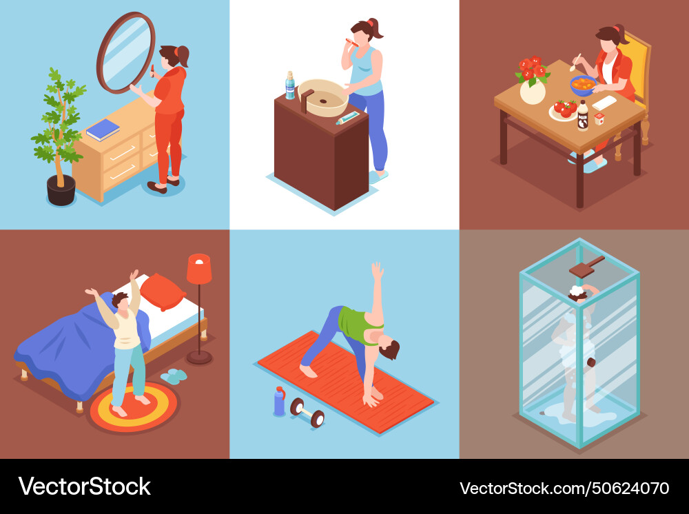 Morning routine square set Royalty Free Vector Image