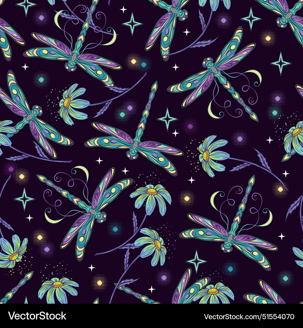 Mysterious pattern with dragonflies chamomiles Vector Image