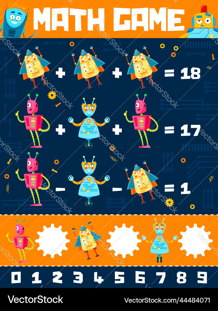 Cartoon robots and droids math game worksheet Vector Image