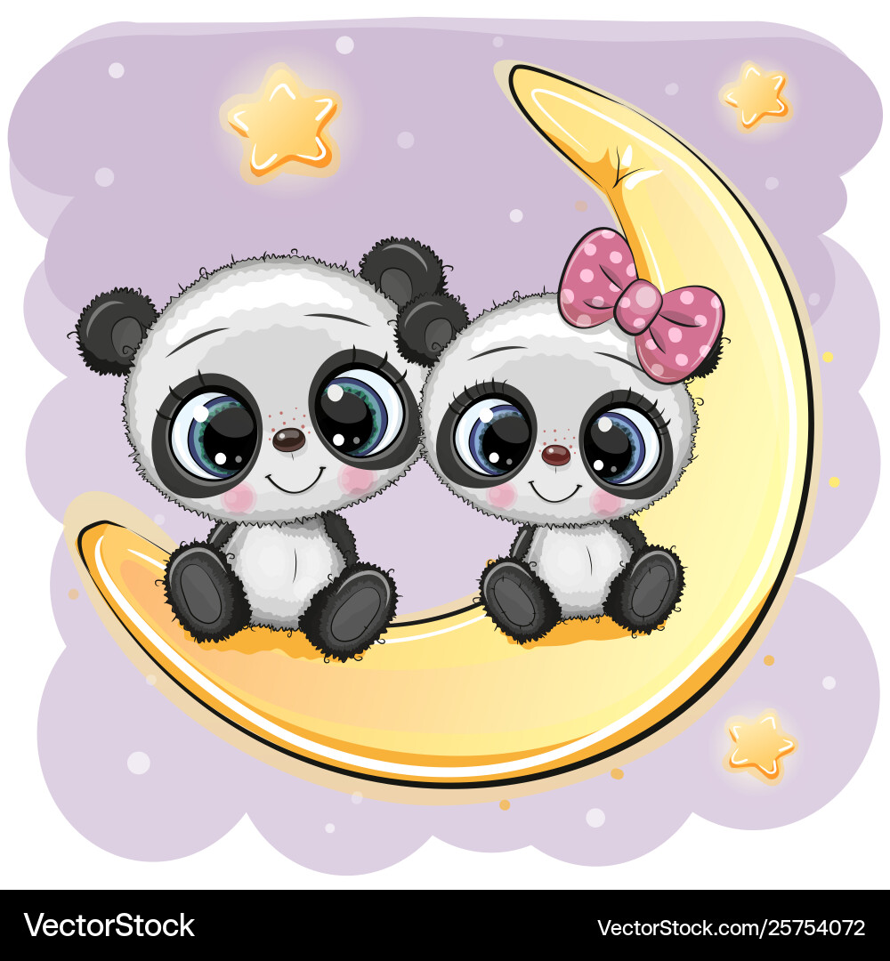 Two cartoon pandas are sitting on moon Royalty Free Vector