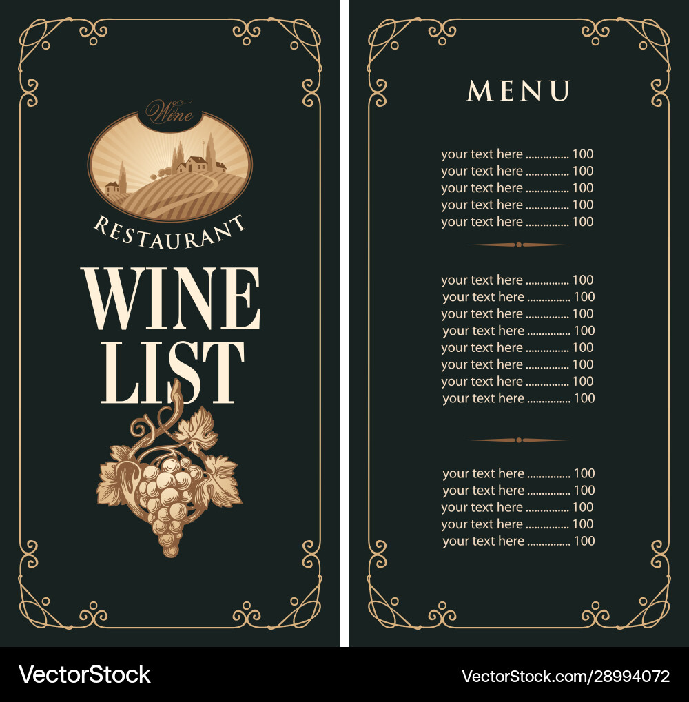 Wine menu with price list and vineyard scenery Vector Image