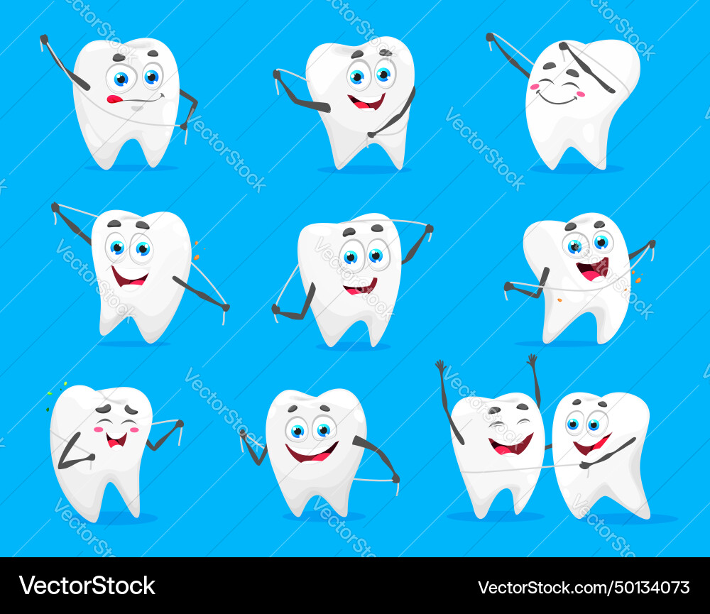 Cartoon tooth characters with dental floss Vector Image