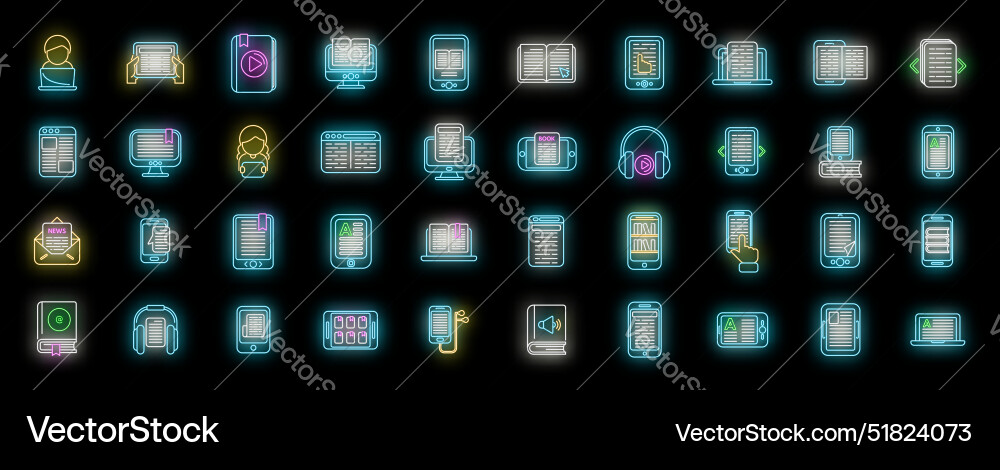 Digital reading icons set neon Royalty Free Vector Image