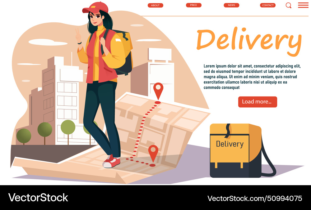 A delivery woman on website interface Royalty Free Vector