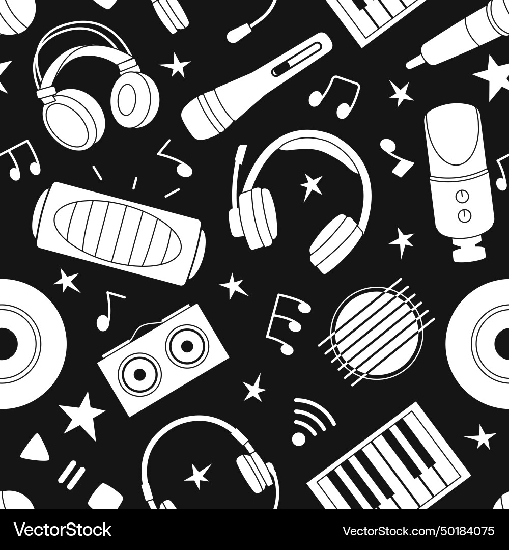 Musical seamless pattern headphones Royalty Free Vector