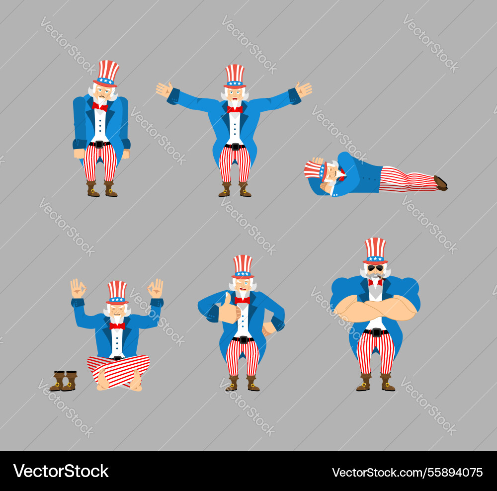 Uncle sam set poses man happy and yoga sleeping Vector Image