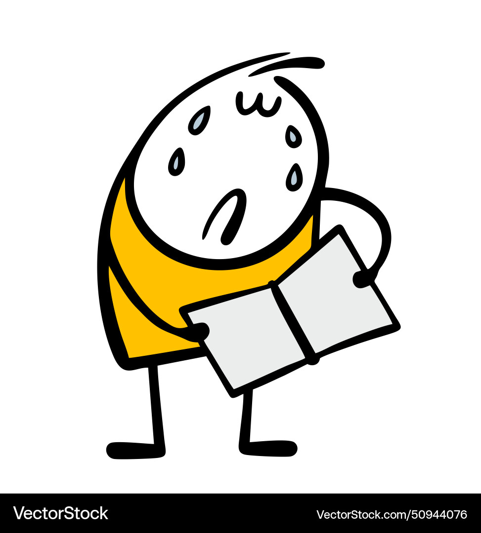 Funny sad cartoon stickman is reading doodle book Vector Image